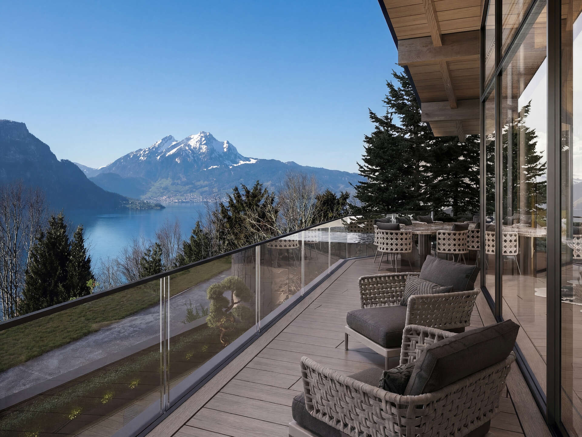 Residential units with frameless sliding windows from swissFineLine